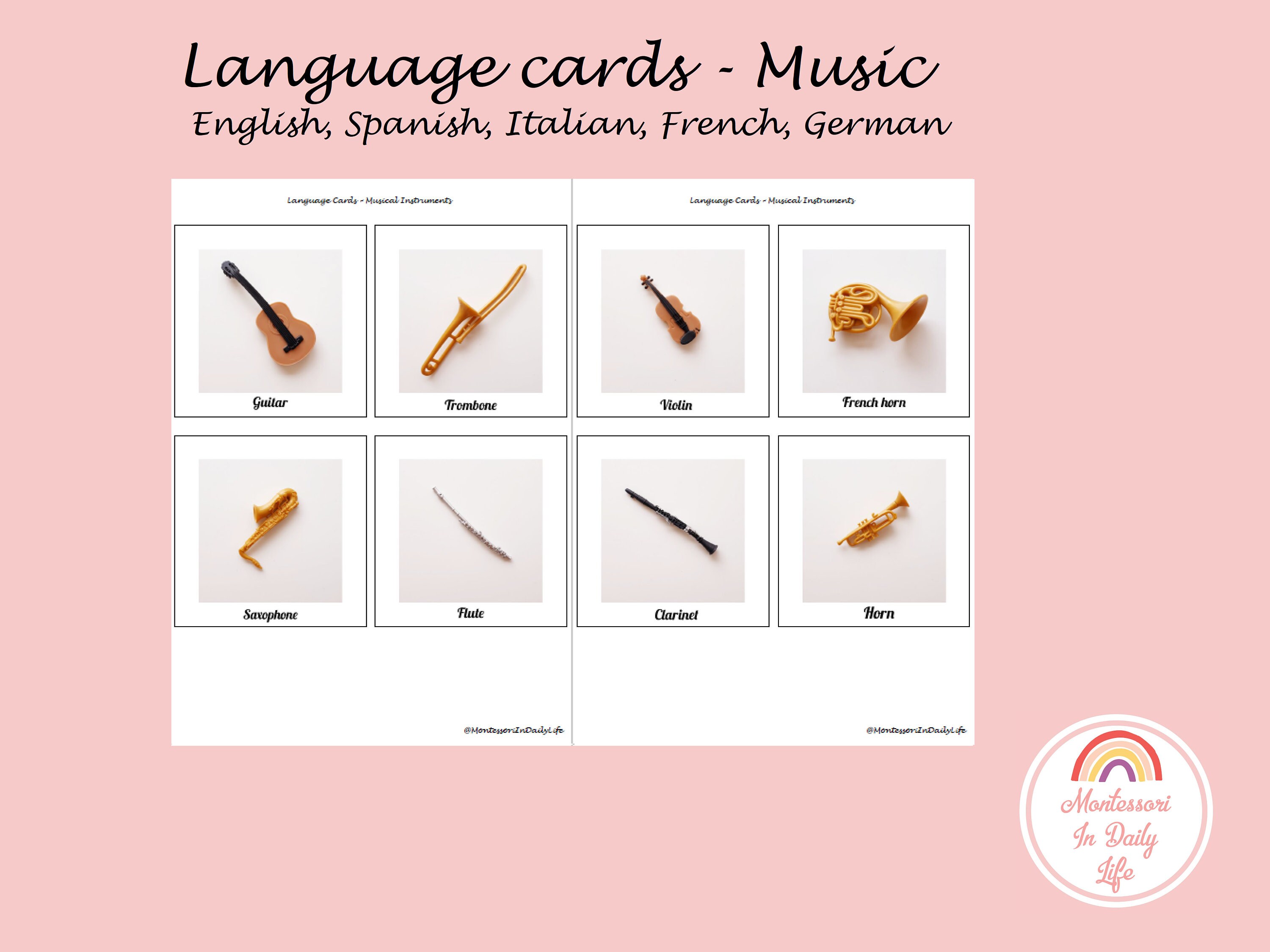 Montessori Language Cards - Musical Instruments 5 Languages En, Es It ...