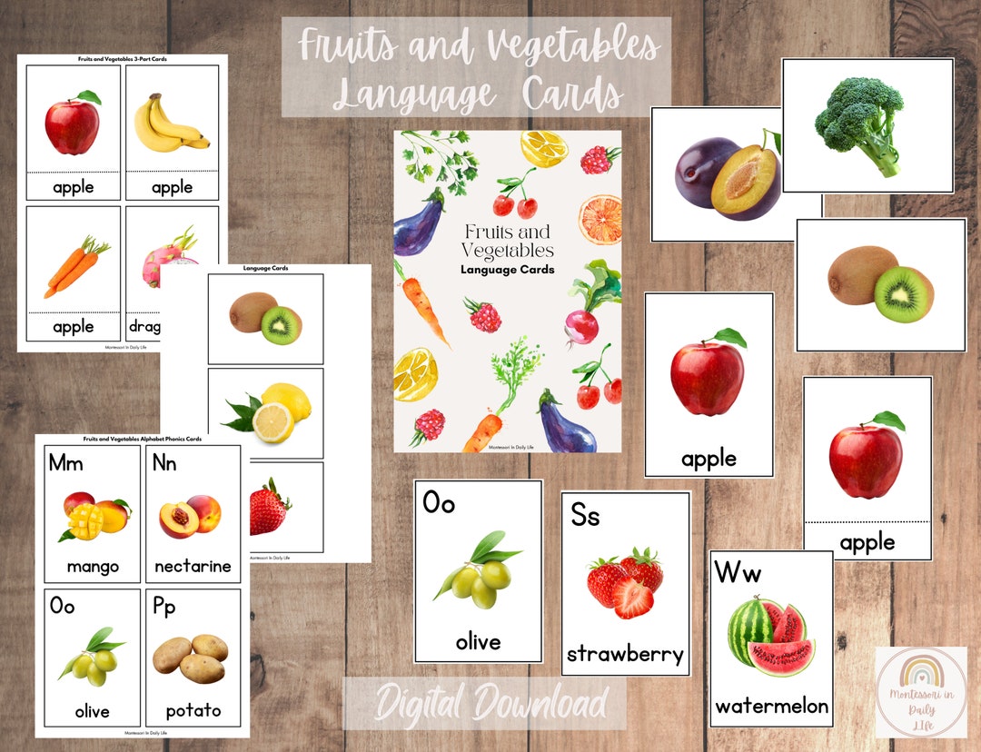 Fruits and Vegetables - Montessori 3-part Cards and Alphabet Phonics ...