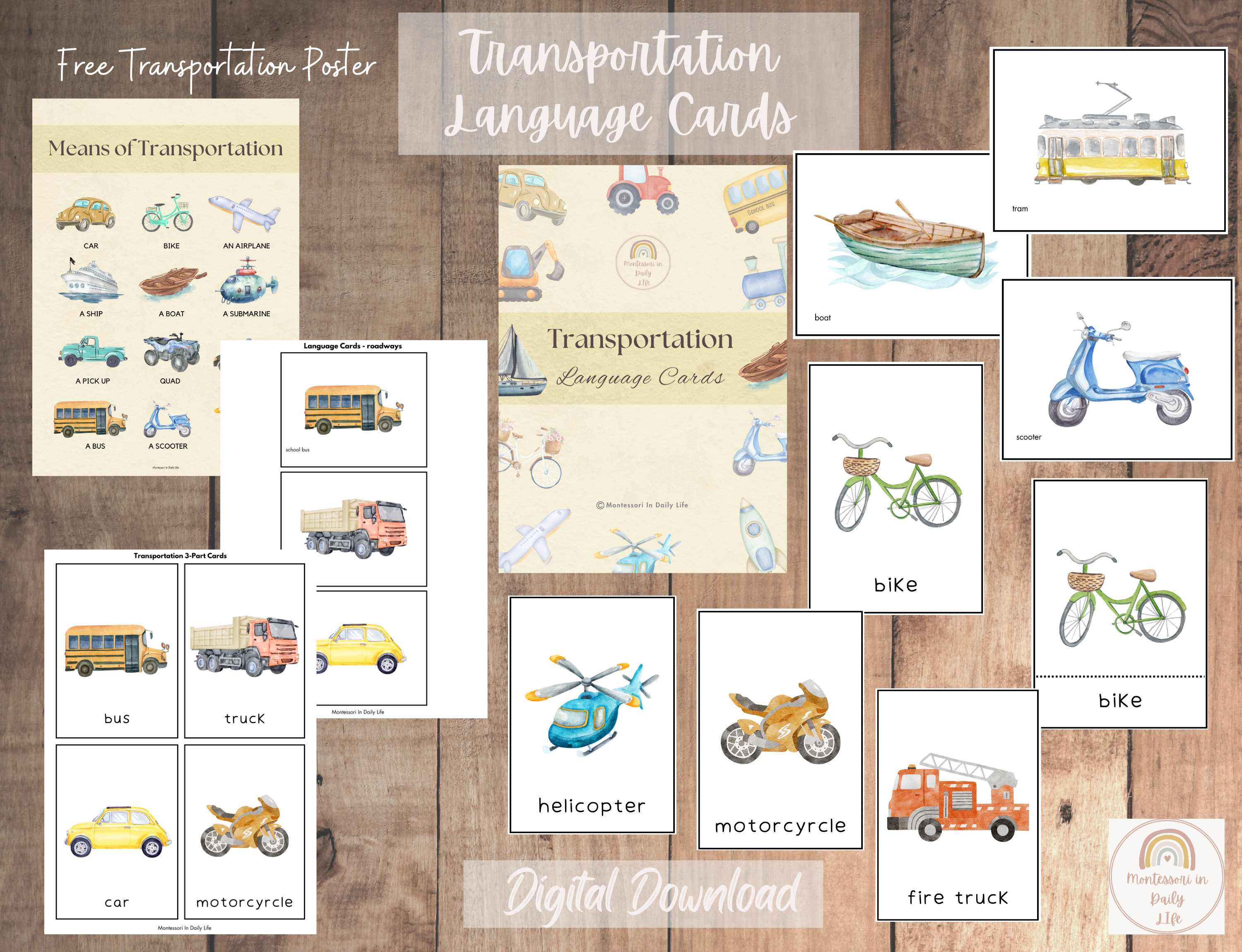 Transportation Montessori 3-part Cards 5 Languages FREE Transportation ...