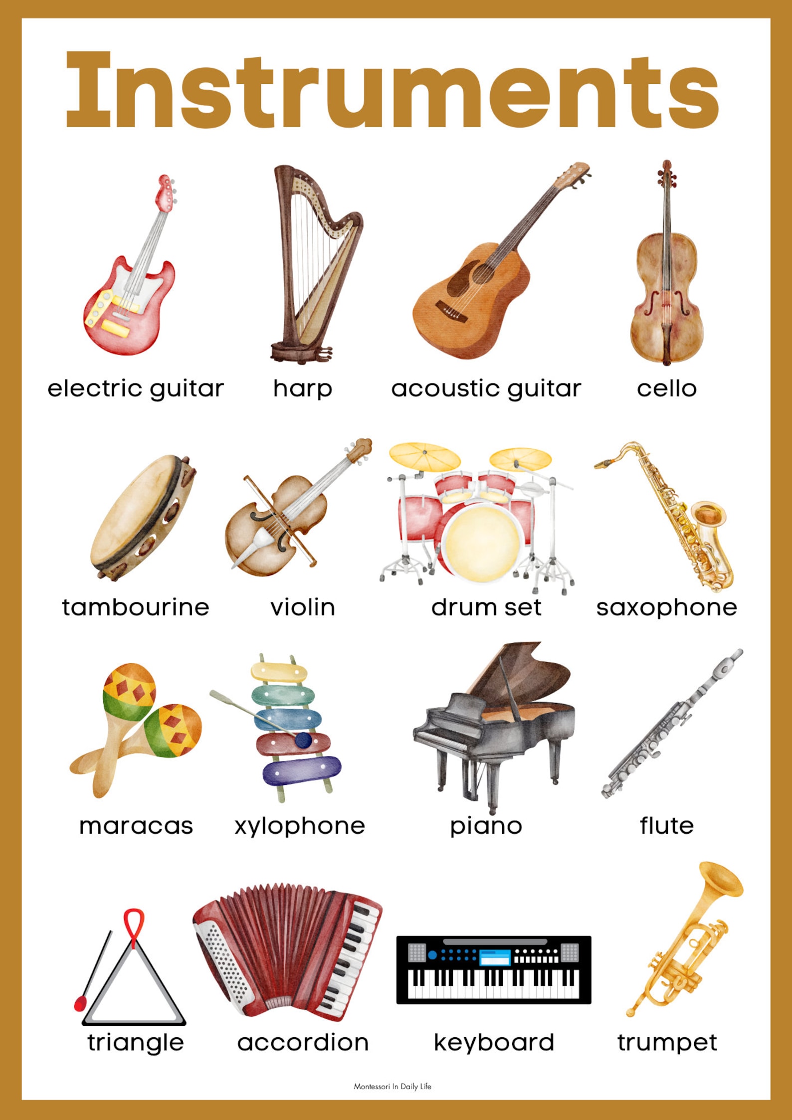 Montessori Language Cards - Musical Instruments 5 Languages En, Es It ...