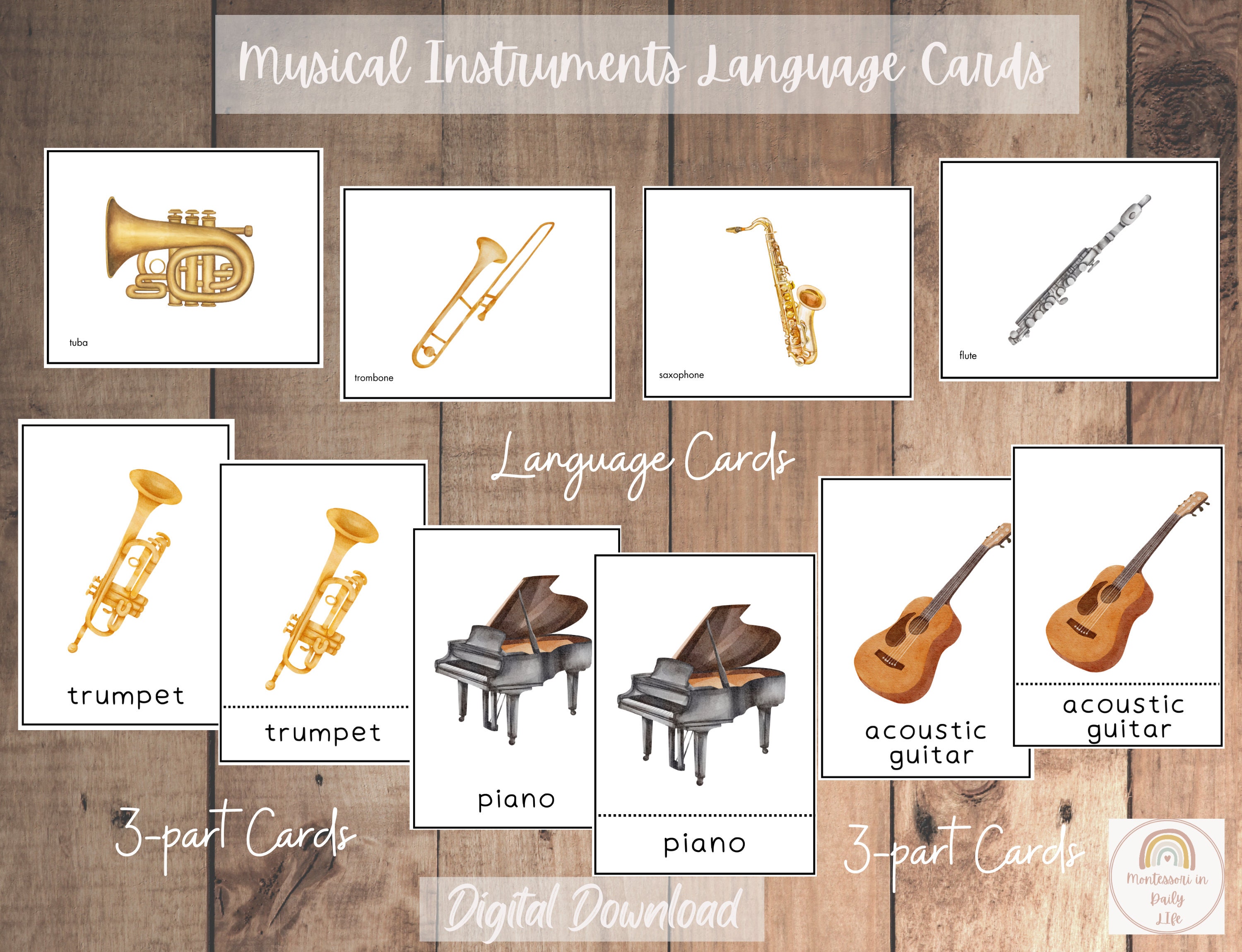 Montessori Language Cards - Musical Instruments 5 Languages En, Es It ...