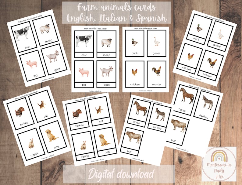 Farm Animals Language Cards: Montessori Watercolor Print (digital ...
