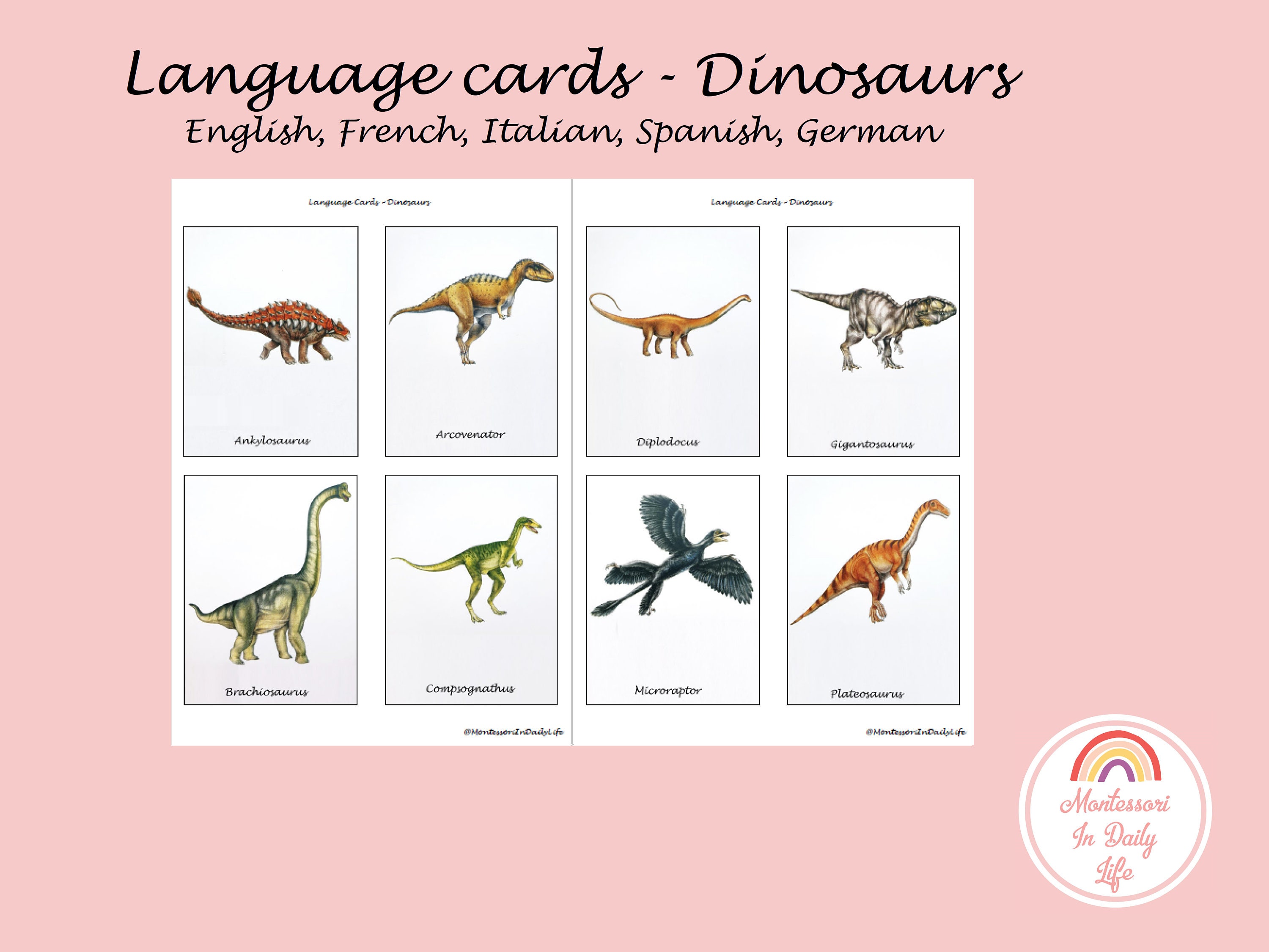 Dinosaurs Language Cards Eng Es It Fr De Montessori 3 - Etsy