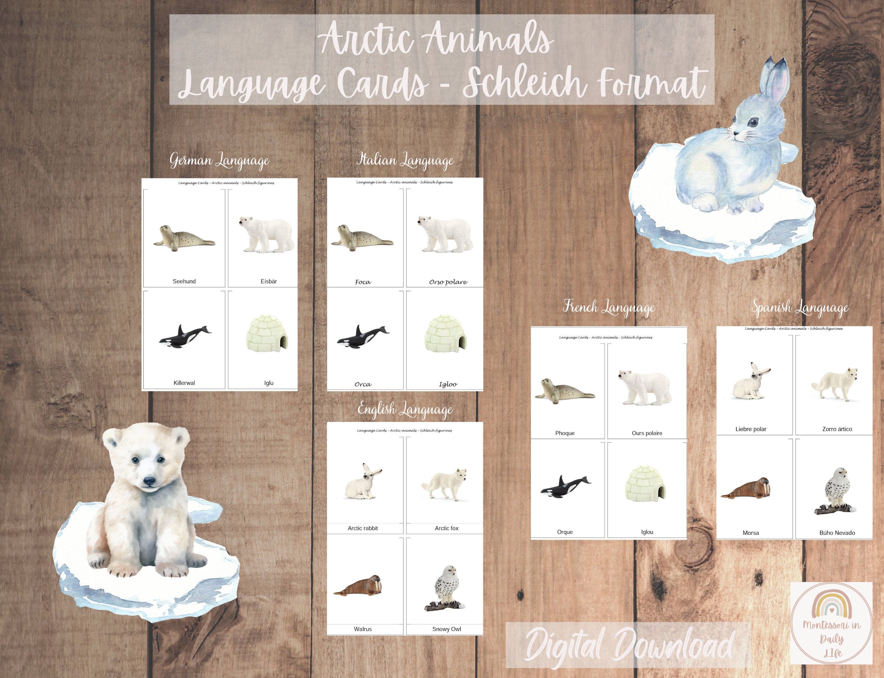 Arctic Animals Montessori Language Cards Italiano, English, Español ...