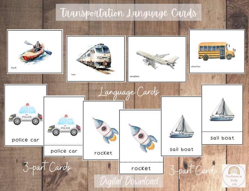 Transportation Montessori 3-part Cards: 5 Languages, Safari TOOBS ...