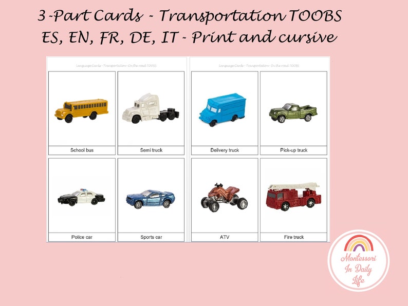 Transportation Montessori 3-part Cards: 5 Languages, Safari TOOBS ...