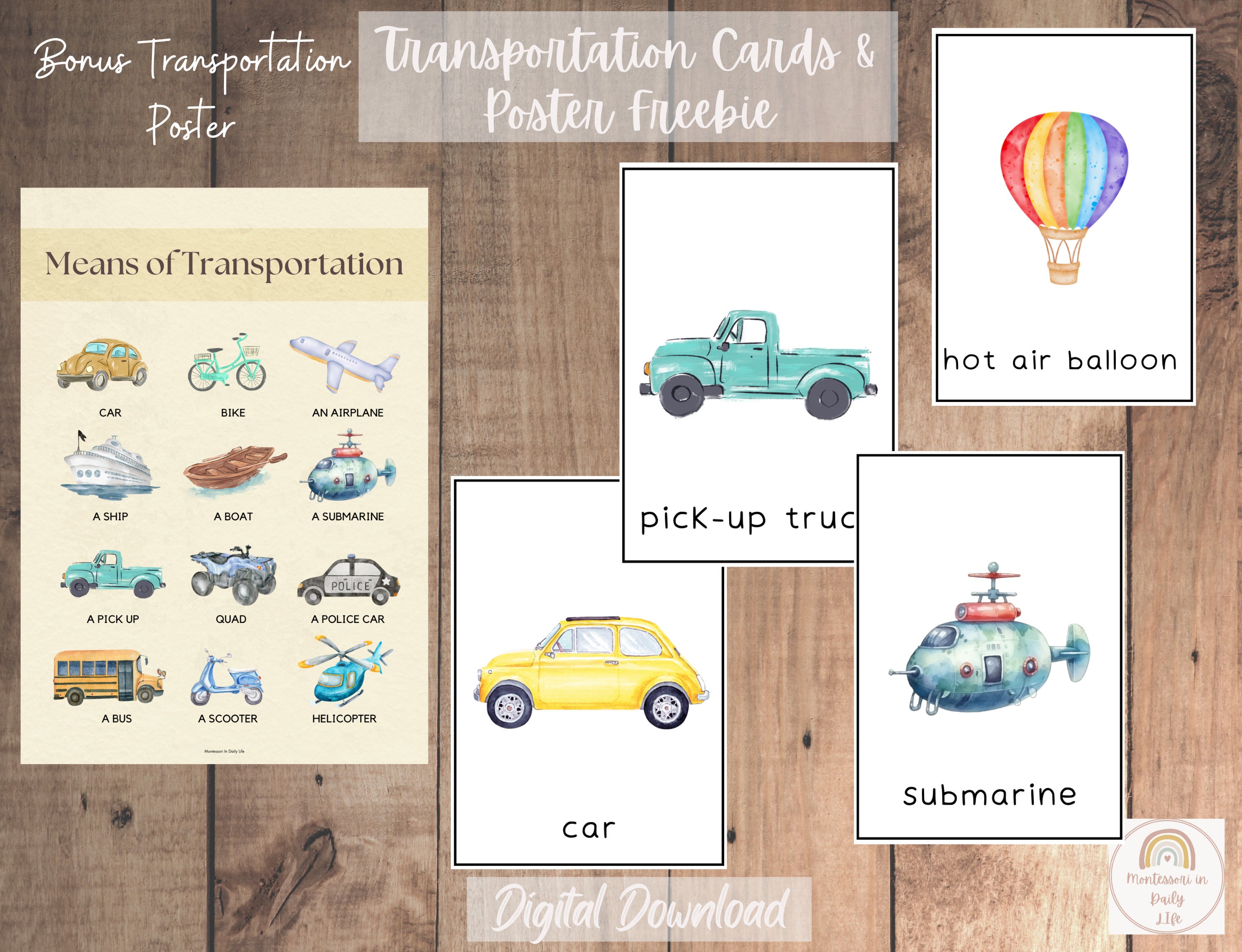 Transportation Montessori 3-part Cards 5 Languages FREE Transportation ...