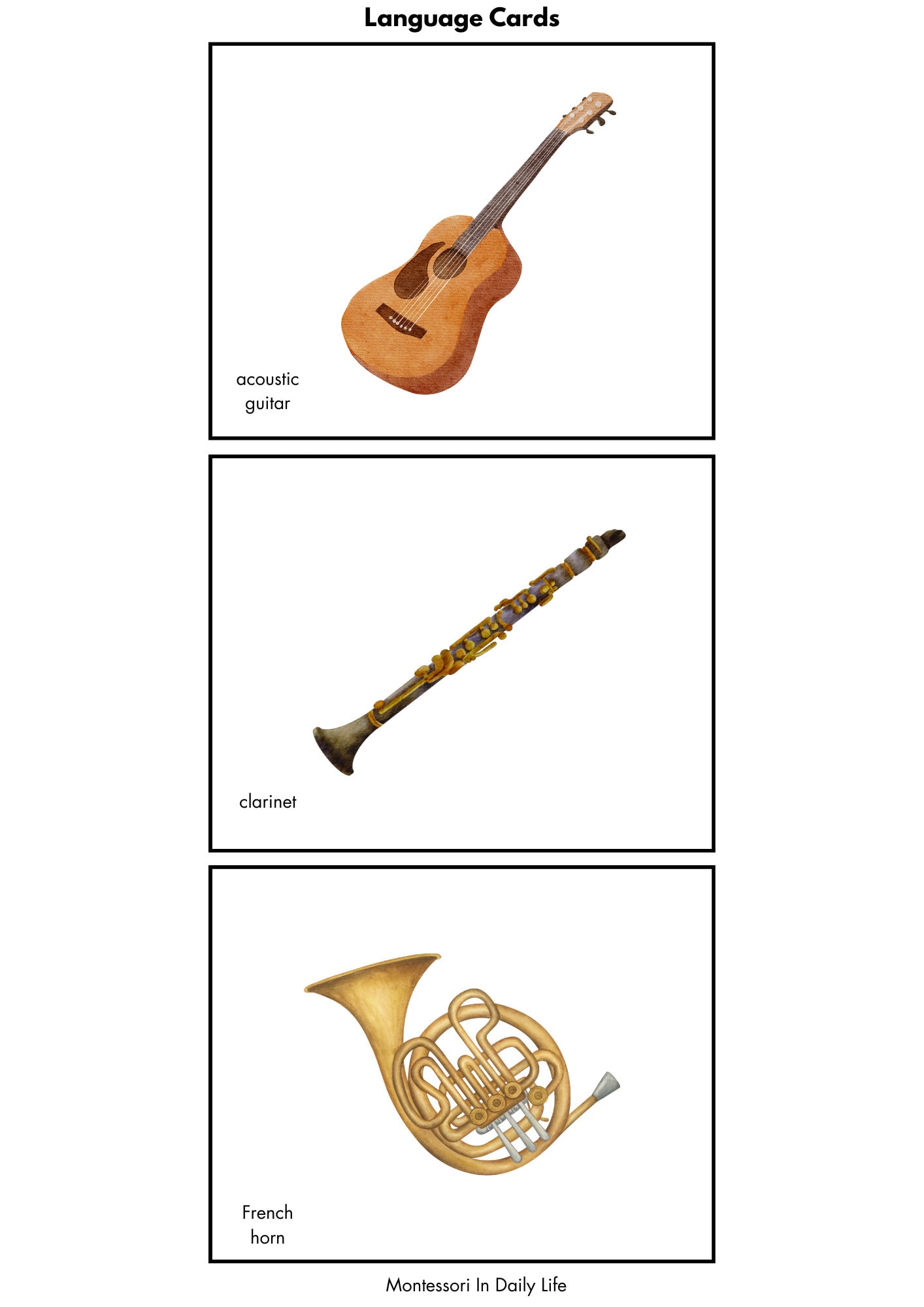 Montessori Language Cards - Musical Instruments 5 Languages En, Es It ...