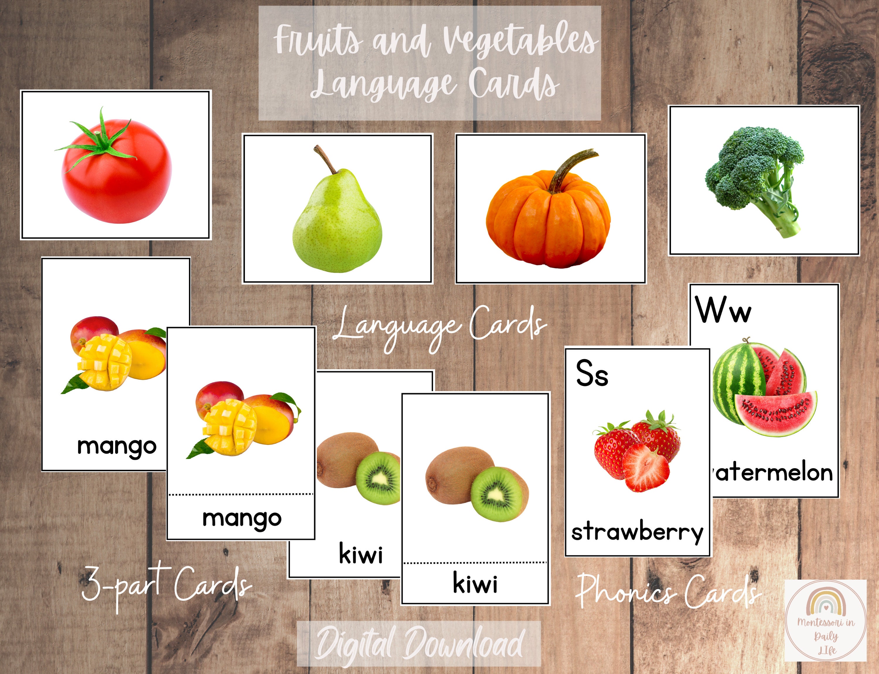Fruits and Vegetables Montessori 3-part Cards and Alphabet Phonics ...