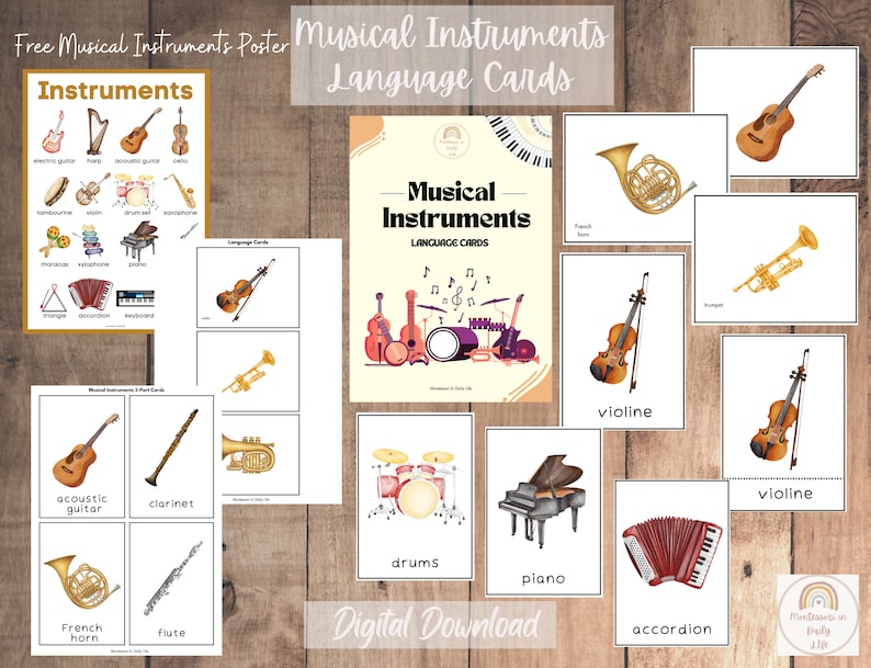 Montessori Language Cards - Musical Instruments 5 Languages En, Es It ...