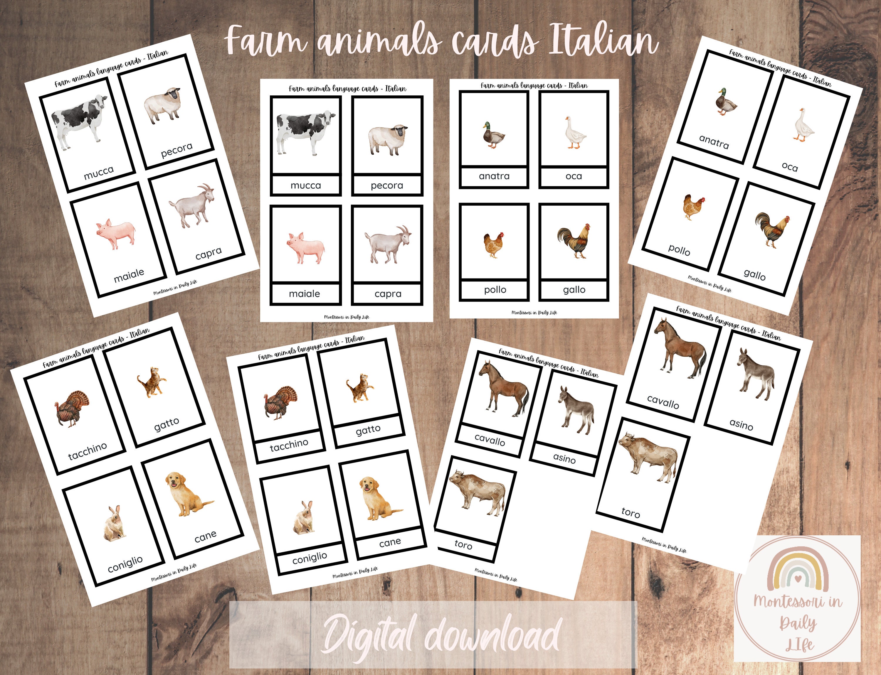 Farm Animals Eng, It, Es, Fr, De - Montessori Language Cards ...
