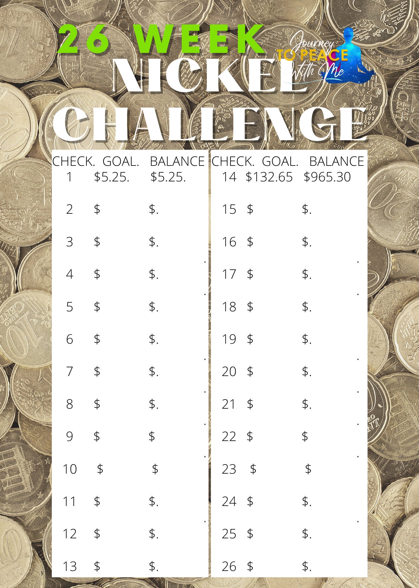 Biweekly 26 Week Nickel Challenge Printable - Etsy