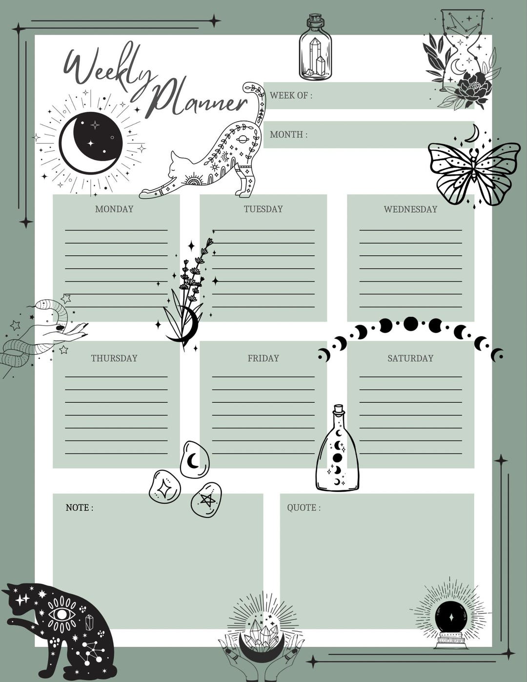 Mystical Weekly Planner Printable – Witchy Moon and Crystal Weekly ...