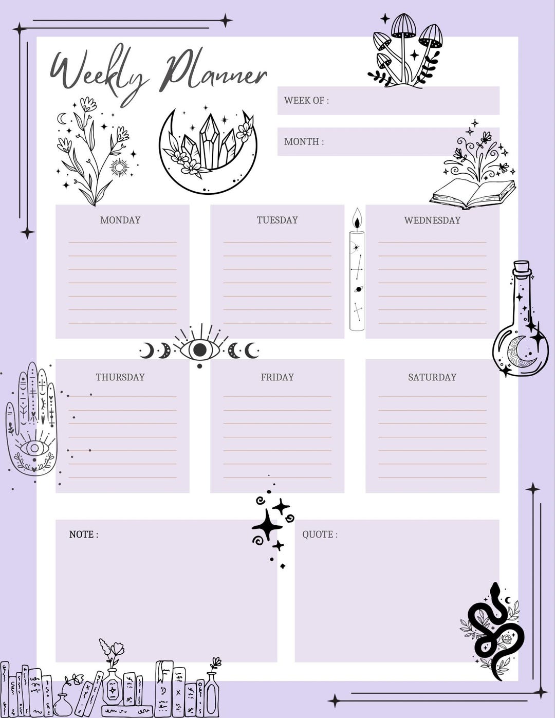 Mystical Weekly Planner Printable – Witchy Moon and Crystal Weekly Schedule – Instant Digital ...