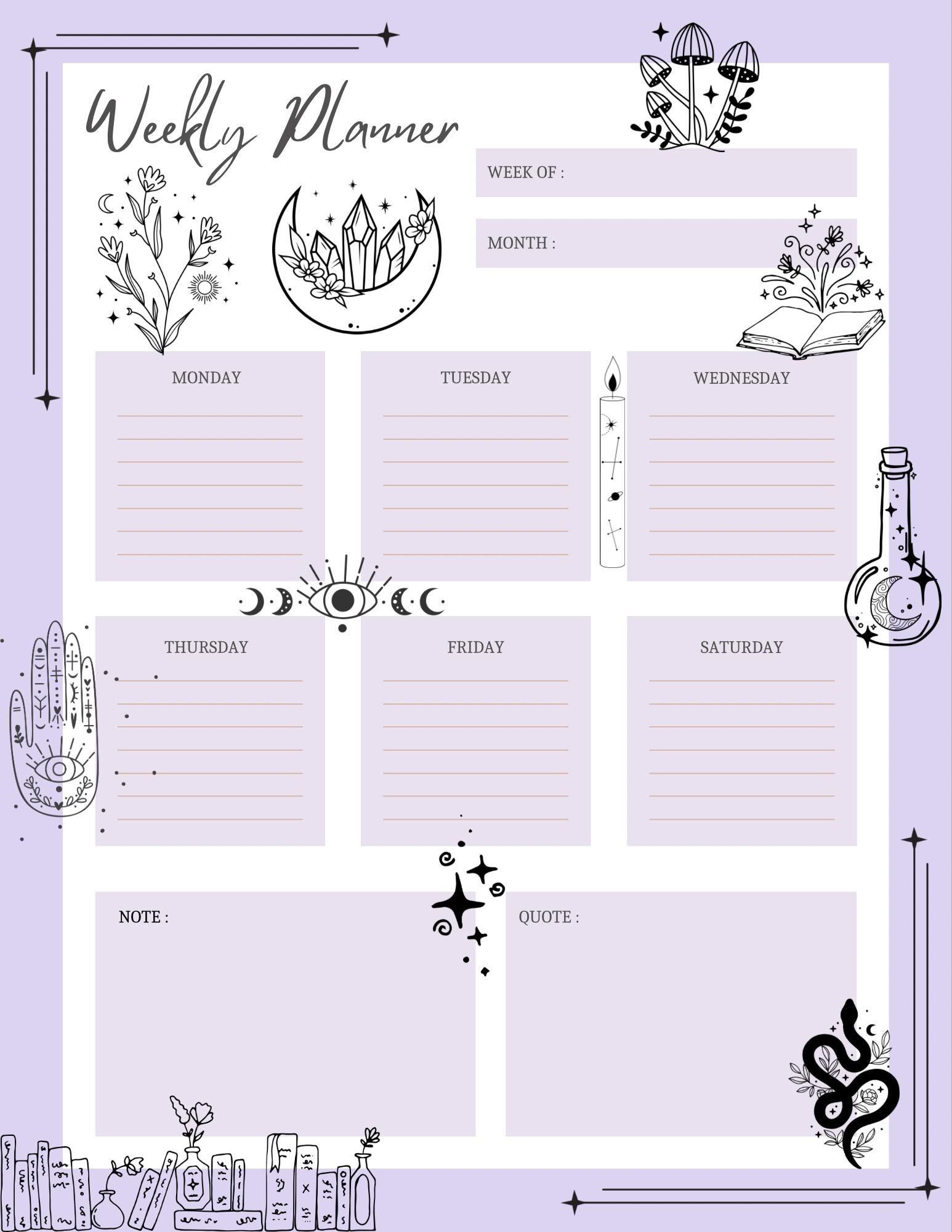 Mystical Weekly Planner Printable – Witchy Moon and Crystal Weekly ...