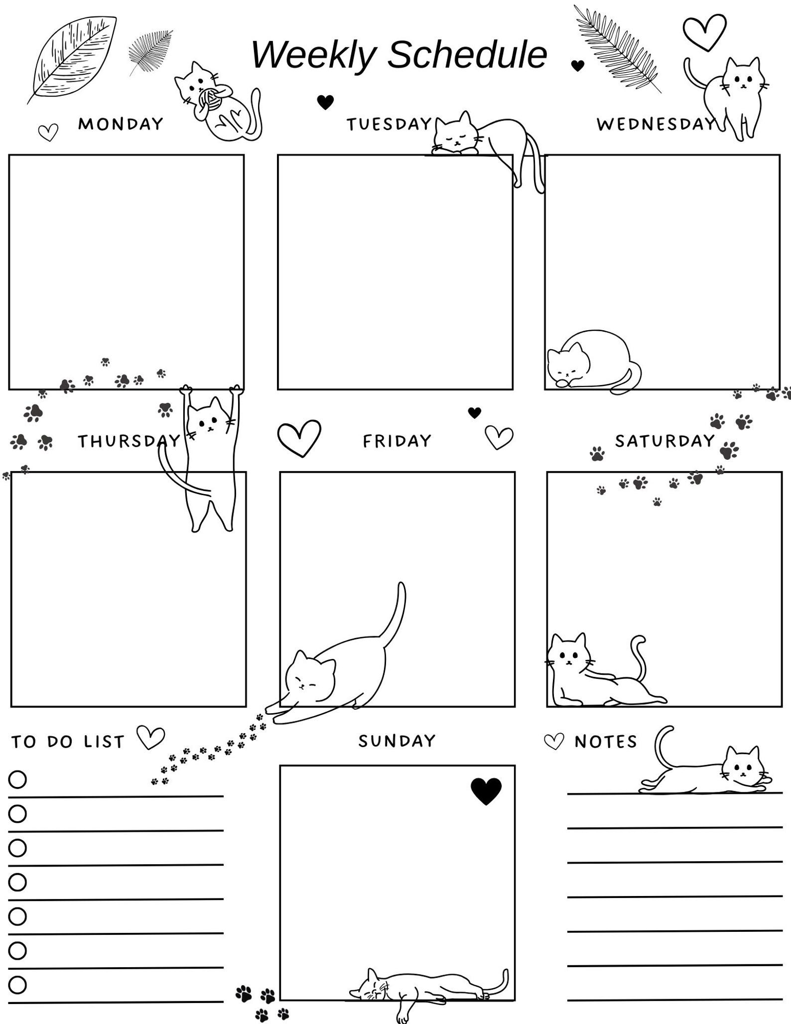 Cat Weekly Planner | Printable Black & White Schedule | Cute Kitty ...