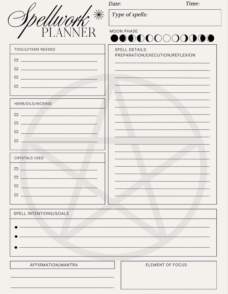 Spellwork Planner Printable | Witchcraft Journal PDF | Moon Phase Spell ...