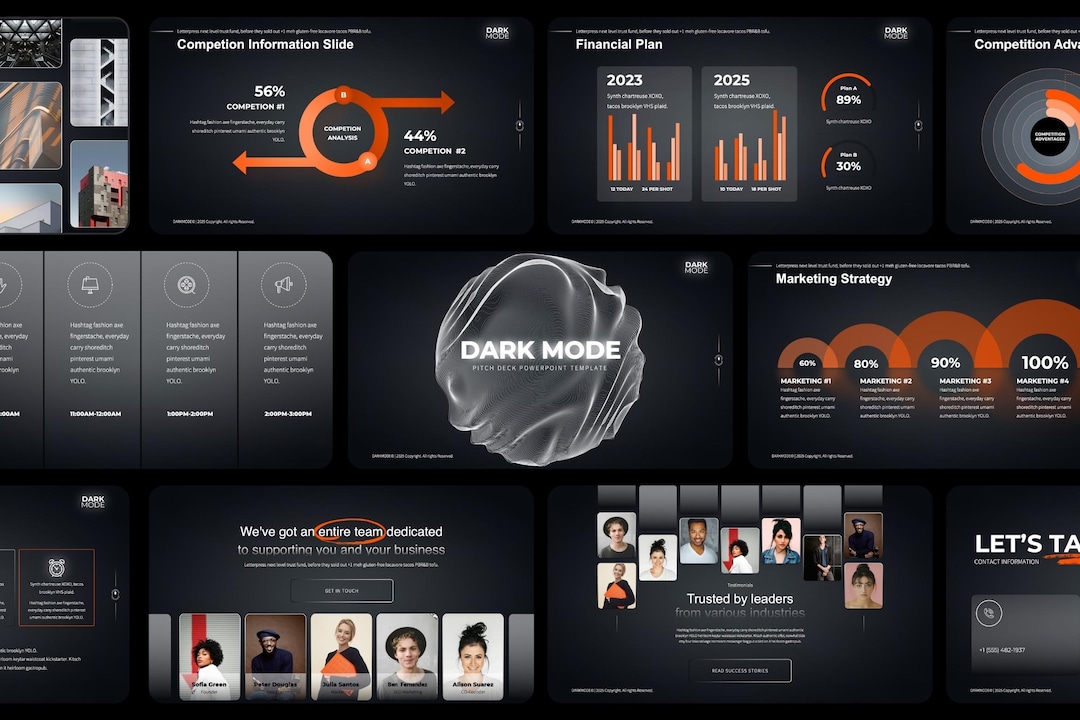 Dark Mode Pitch Deck Powerpoint Template | Professional Dark Theme Pitch Deck Investor ...