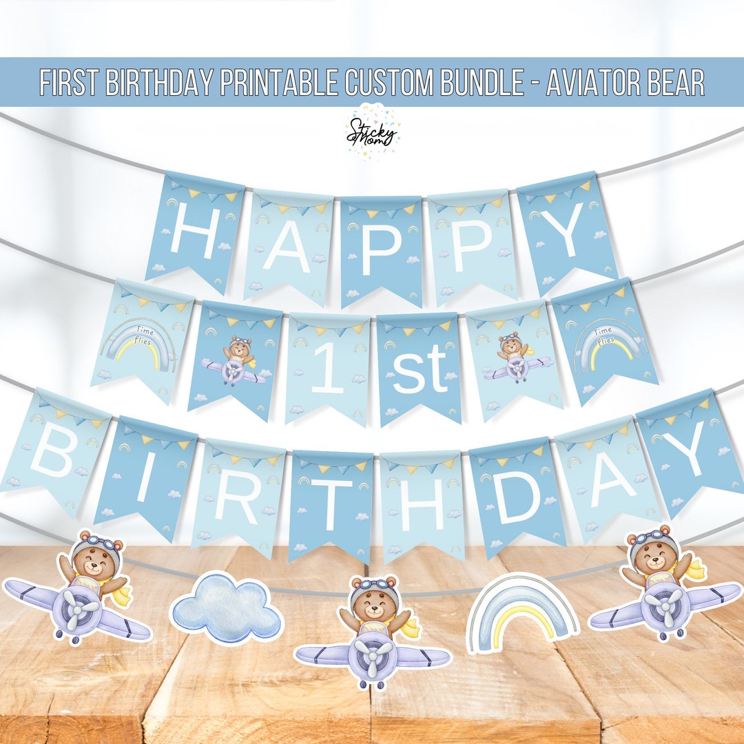 Pilot Bear Birthday Bundle - Printable Aviation Bear Garland, Bear Cake ...