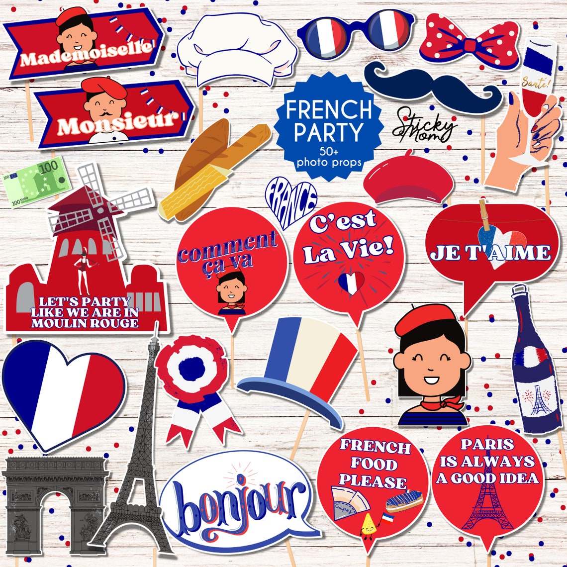 French Party Photo Props France Flag Cupcake Toppers French Themed ...