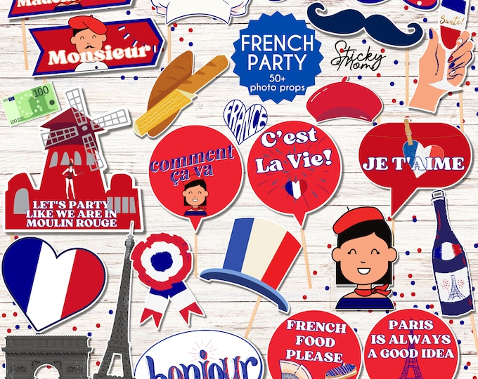 French Party Photo Props France Flag Cupcake Toppers French Themed ...