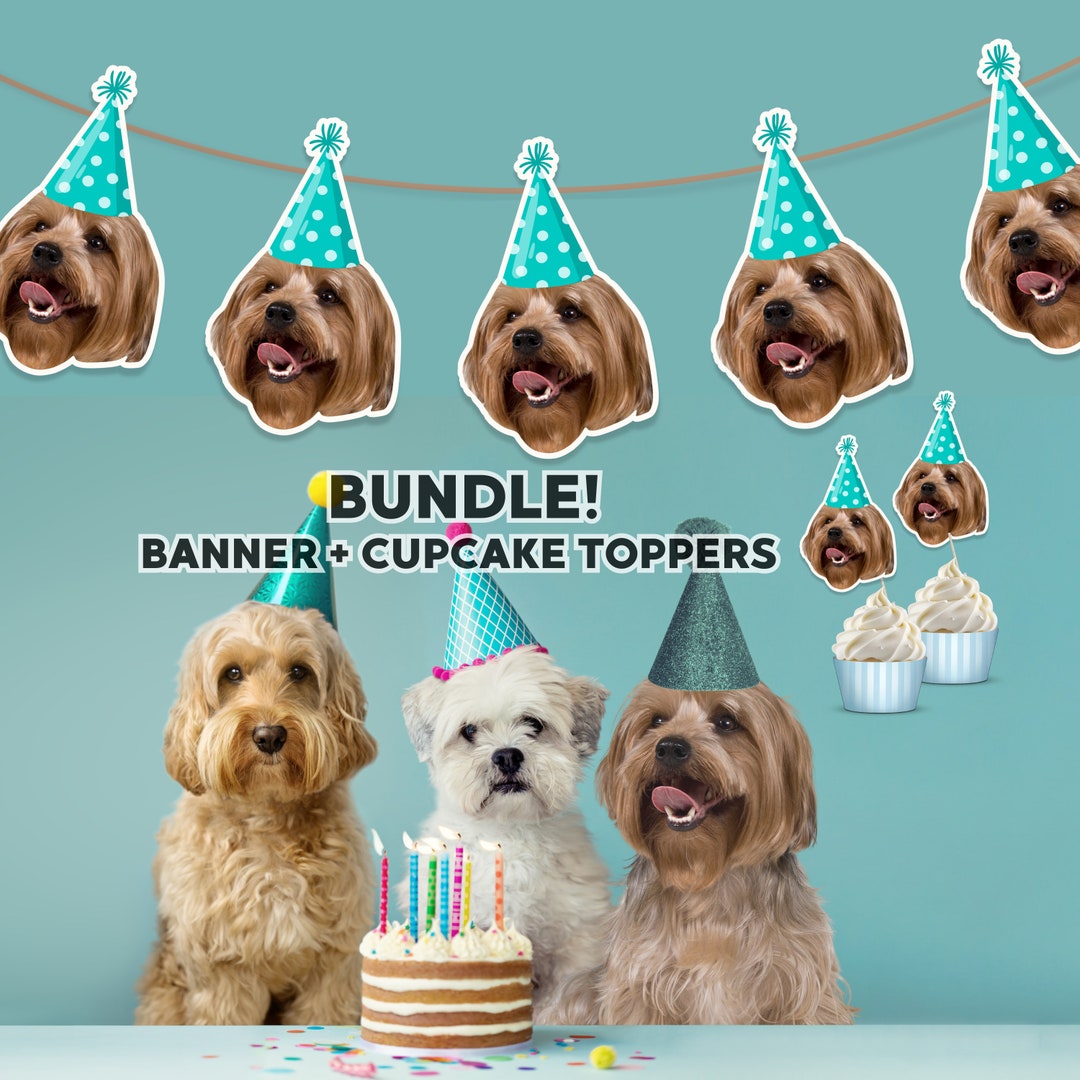 Dog Photo Banner & Cupcake Toppers - Custom Dog Birthday Banner ...