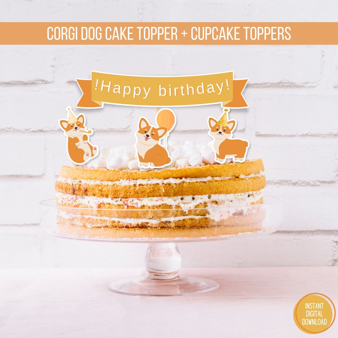 Corgi Dog Happy Birthday Decoration Cake Topper Puppy Dog Party Digital ...
