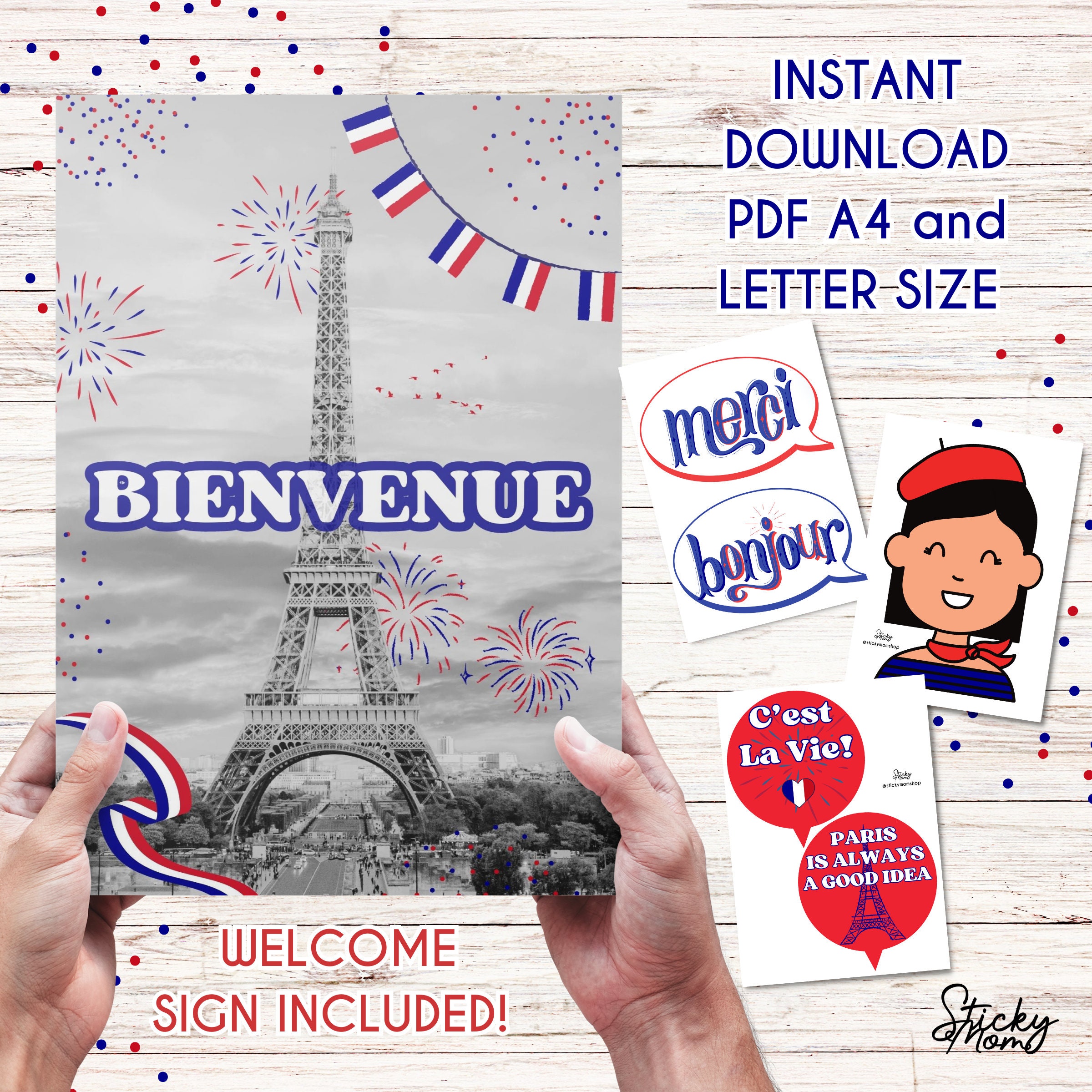 French Party Photo Props France Flag Cupcake Toppers French Themed ...