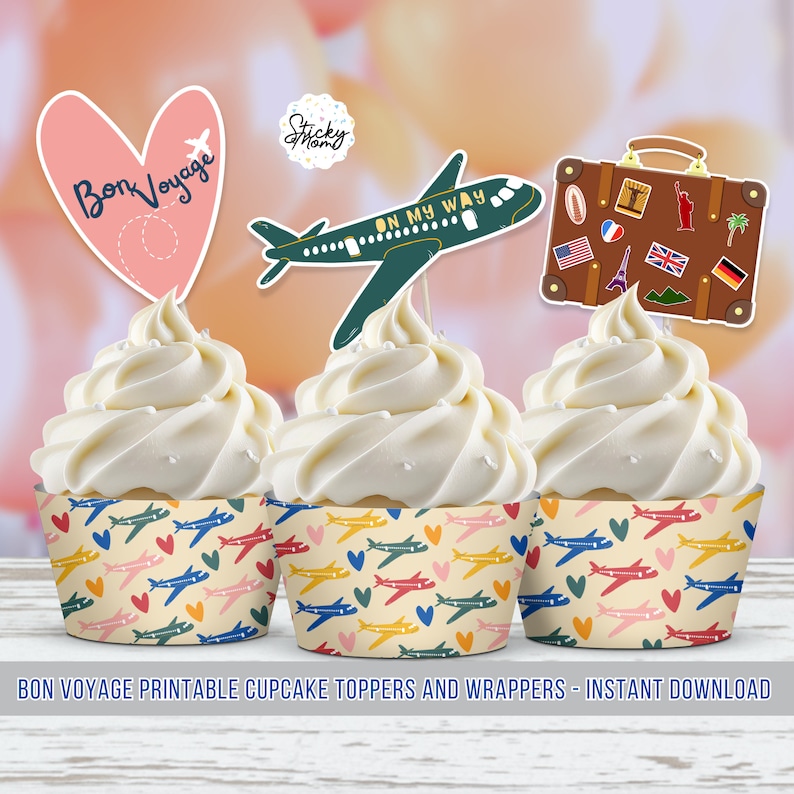 Bon Voyage Bundle Banner Cupcake Toppers Printable Farewell Party Moving Sign Poster Diy Travel