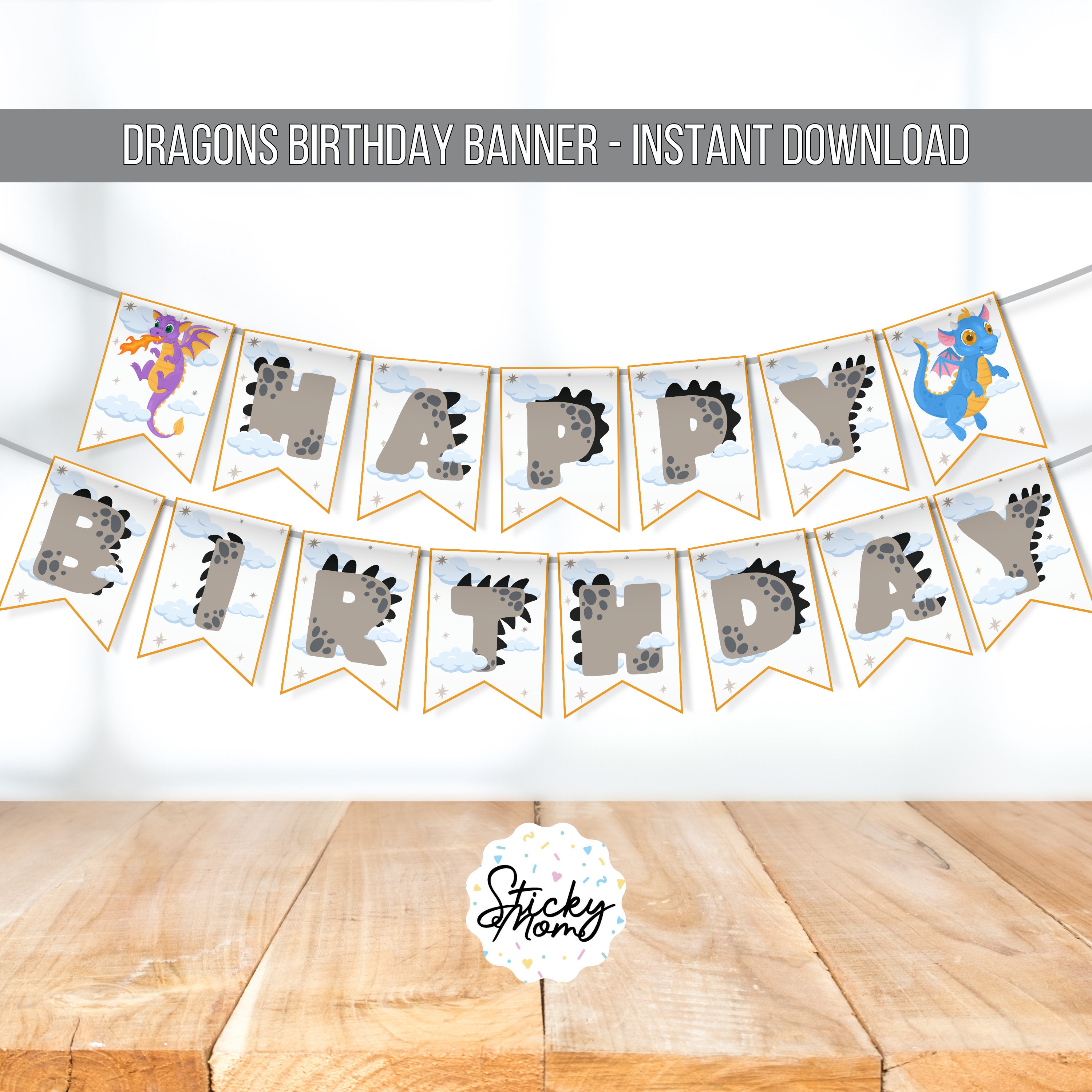 Dragons Happy Birthday Banner Digital Download Dragon Party Banner ...