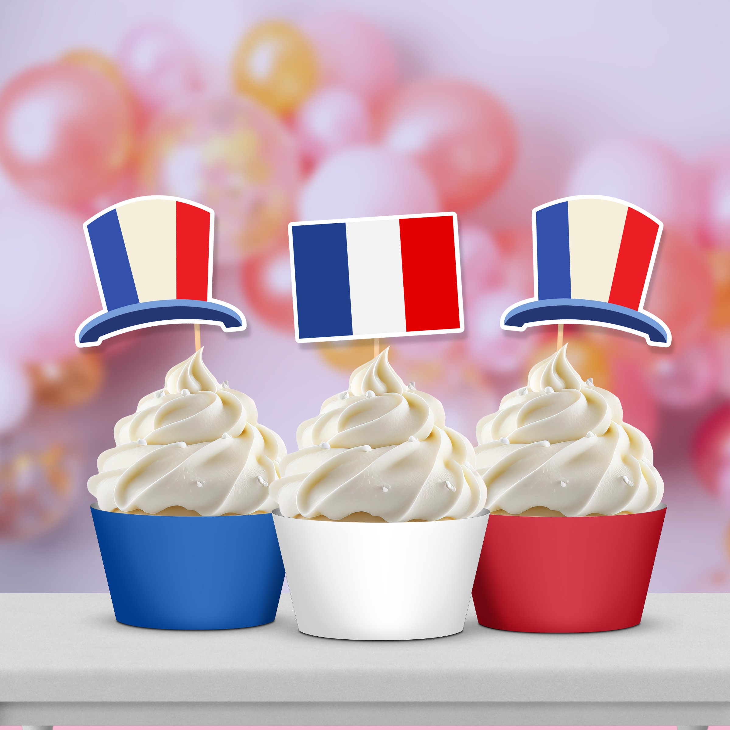 French Party Photo Props France Flag Cupcake Toppers French Themed ...