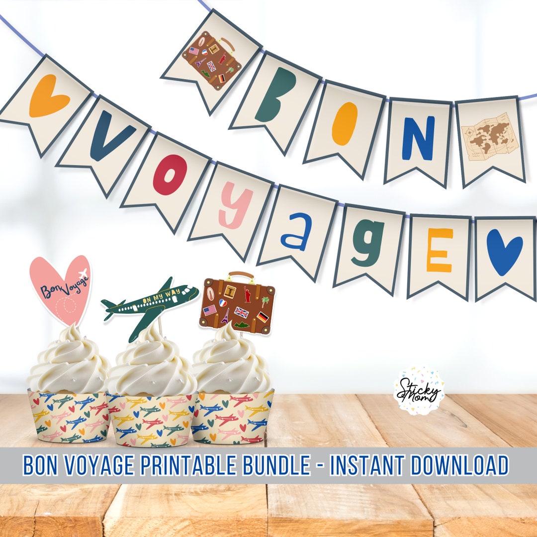 Bon Voyage Bundle Banner Cupcake Toppers Printable Farewell Party ...