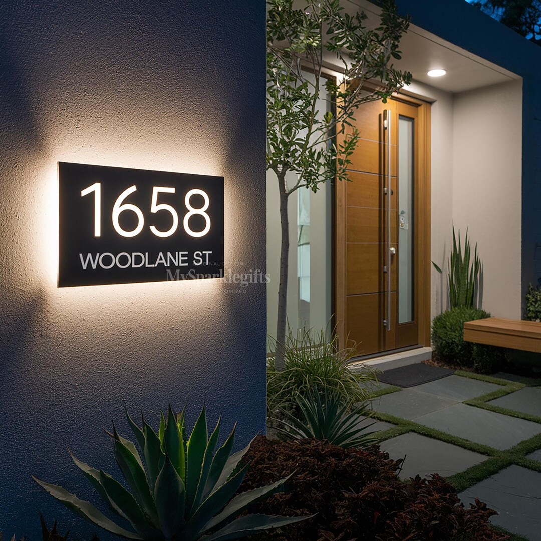 Modern Illuminated Backlit House Numbers Custom LED Address Sign Plate ...