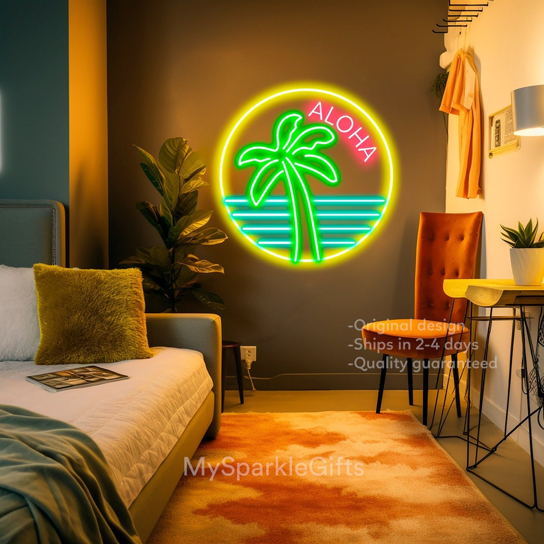 Aloha Neon Sign: Sun, Wave & Coconut Tree - Hawaii Style - Etsy
