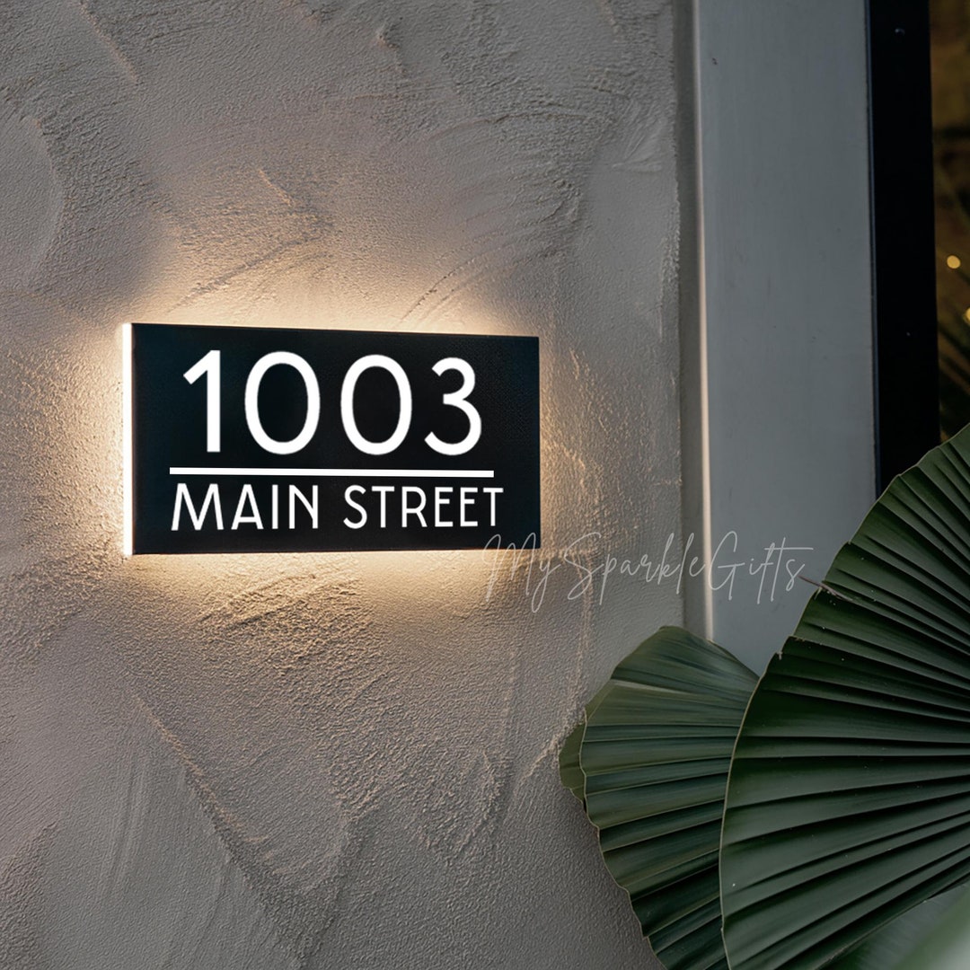 Lighted Address Sign With Metal Finish Modern Illuminated Backlit House ...