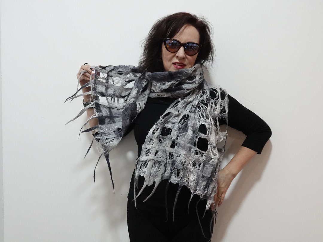 Handmade Felt Grey Scarf Mesh Openwork Unisex Scarf, Wearable Art, Gift ...