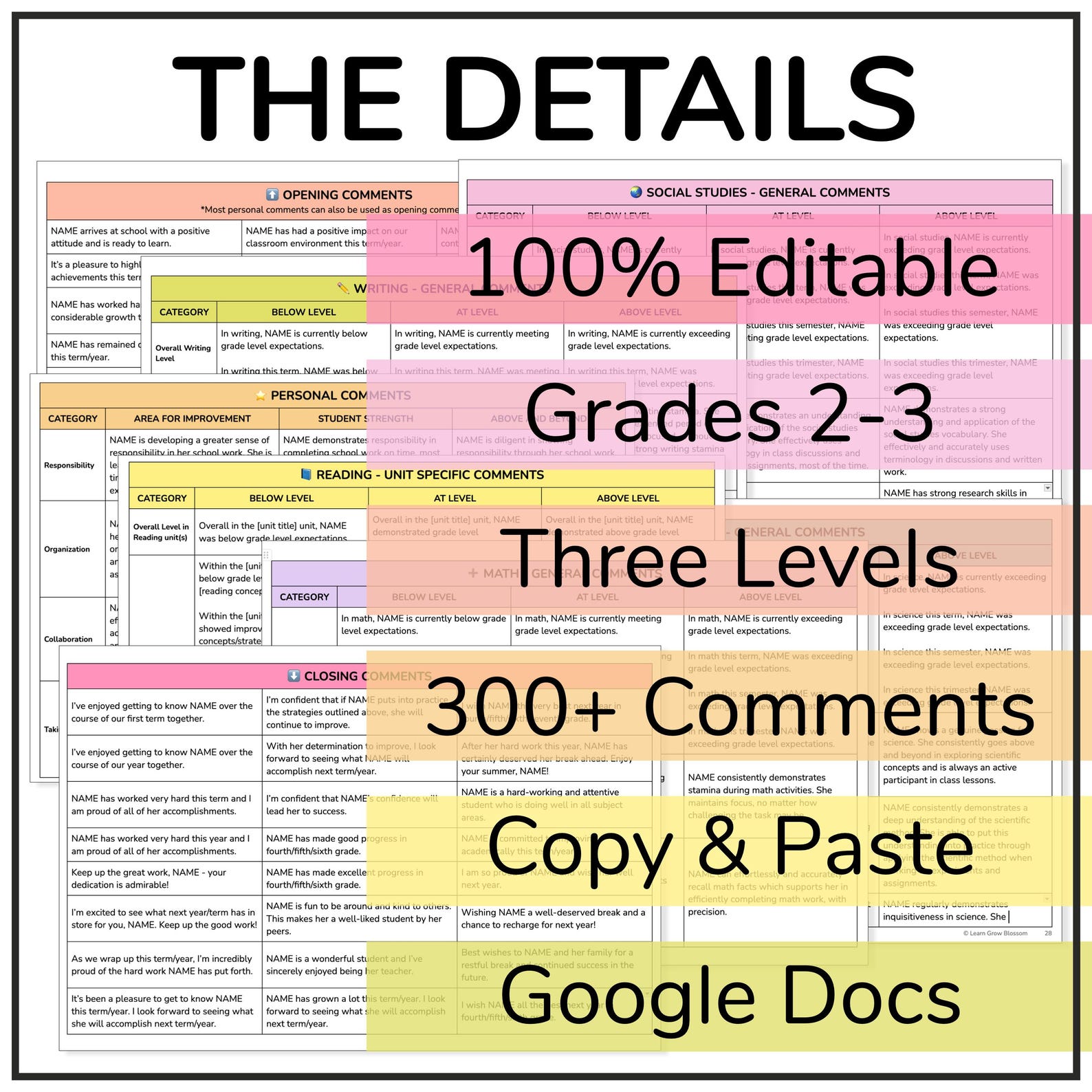 300+ Grade 2-3 Report Card Comment Bank Editable in Google Docs - Beg ...