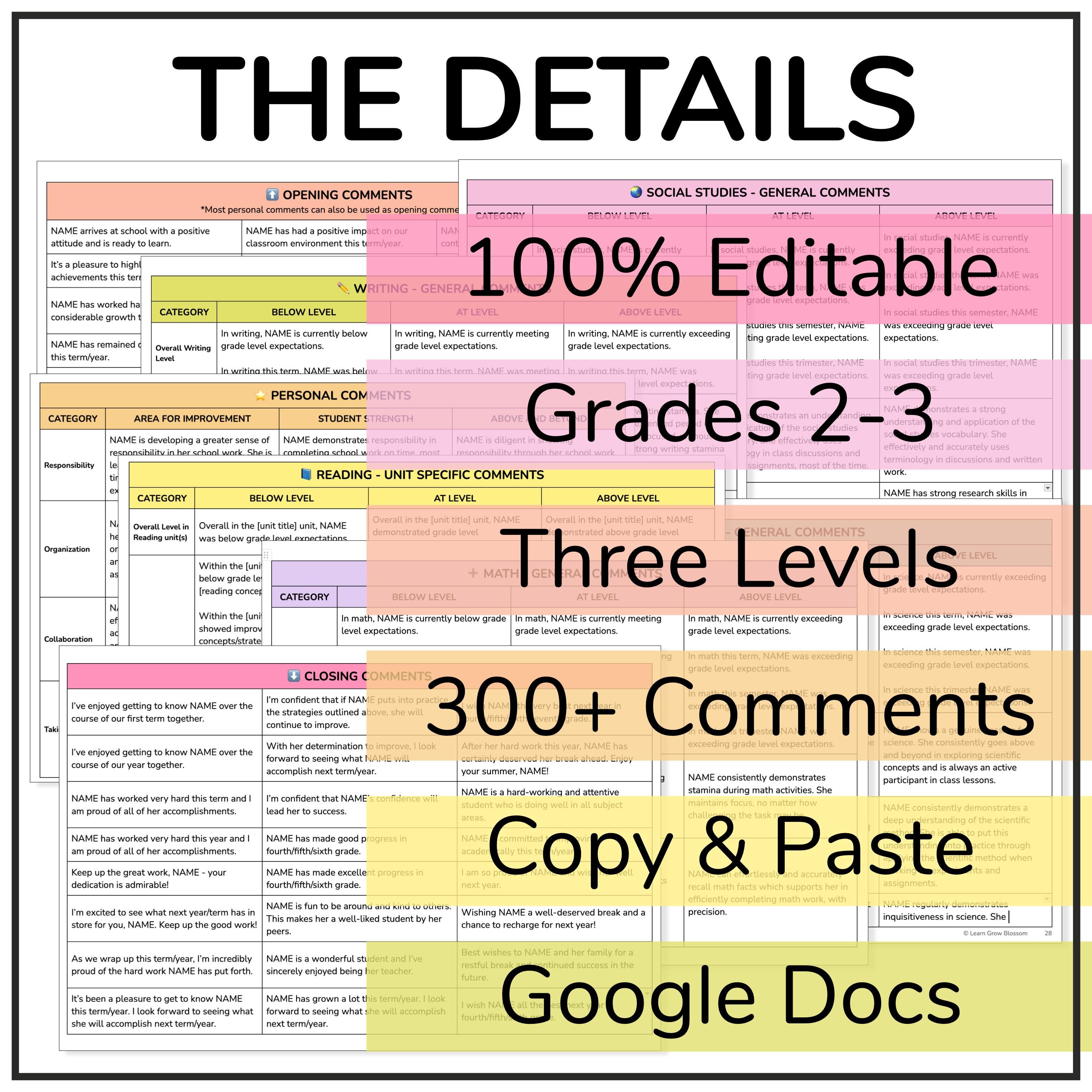 300+ Grade 2-3 Report Card Comment Bank Editable in Google Docs - Beg ...