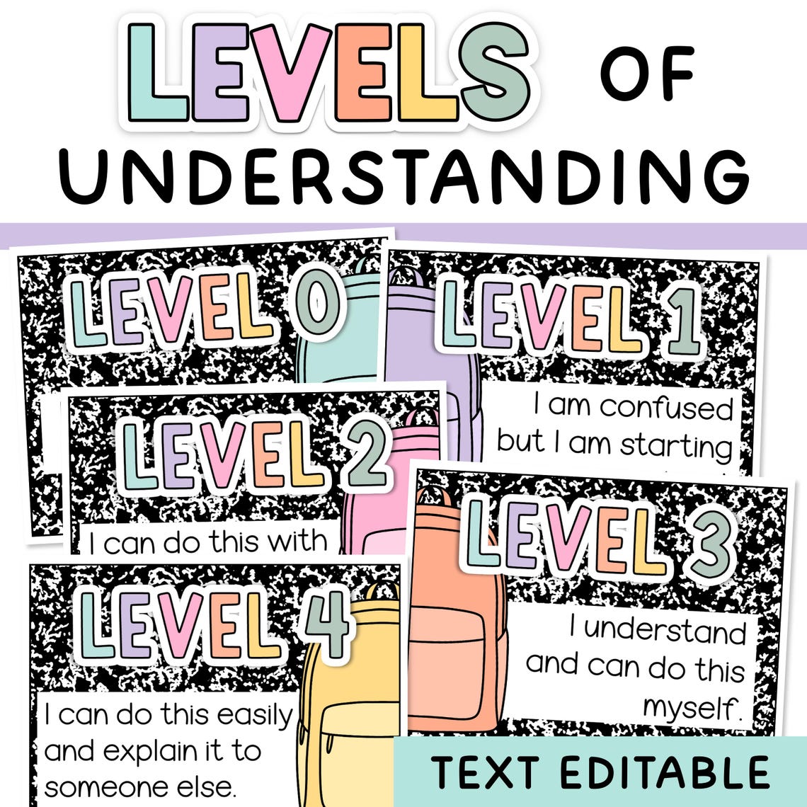 Composition Notebook Classroom Decor - Editable Levels of Understanding ...