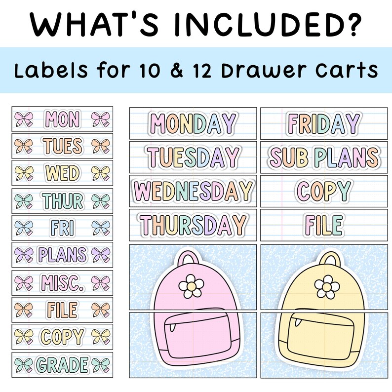 Pastel 10 & 12 Drawer Rolling Cart Labels - Editable for Composition ...