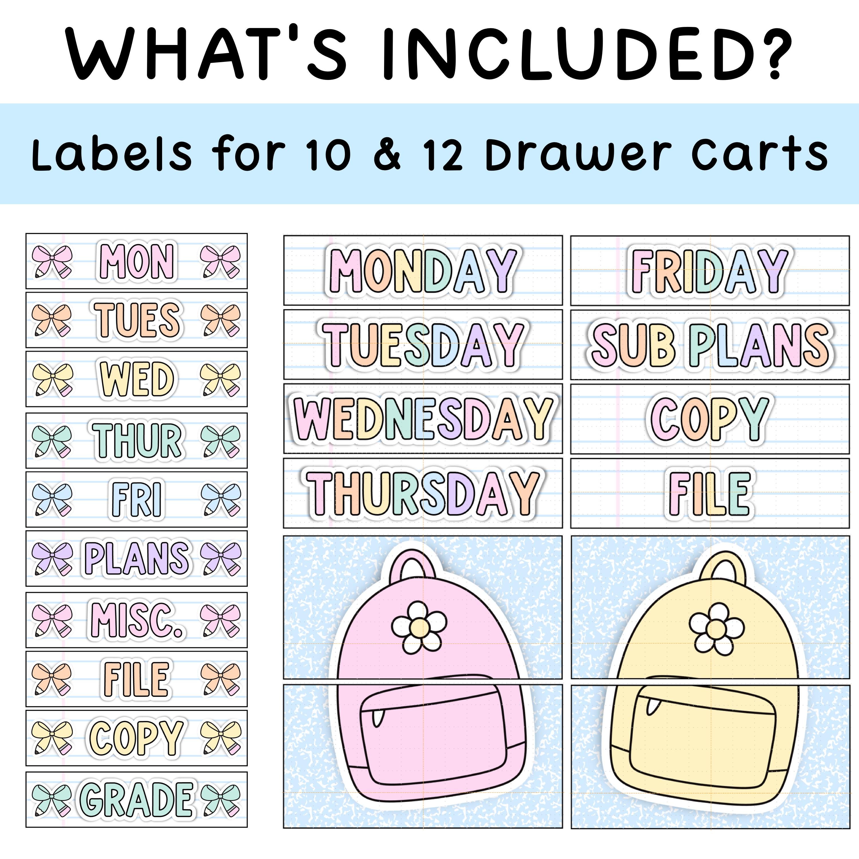 Pastel 10 & 12 Drawer Rolling Cart Labels - Editable for Composition ...