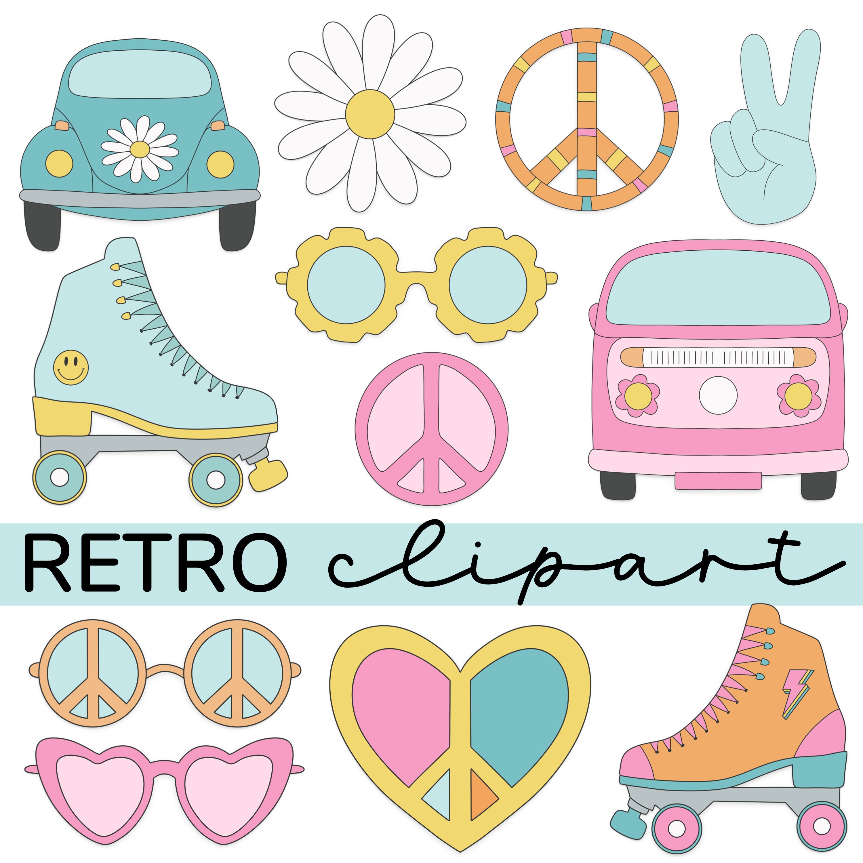 Groovy Clipart & Hippie Clipart With Peace Sign PNG and Roller Skate ...