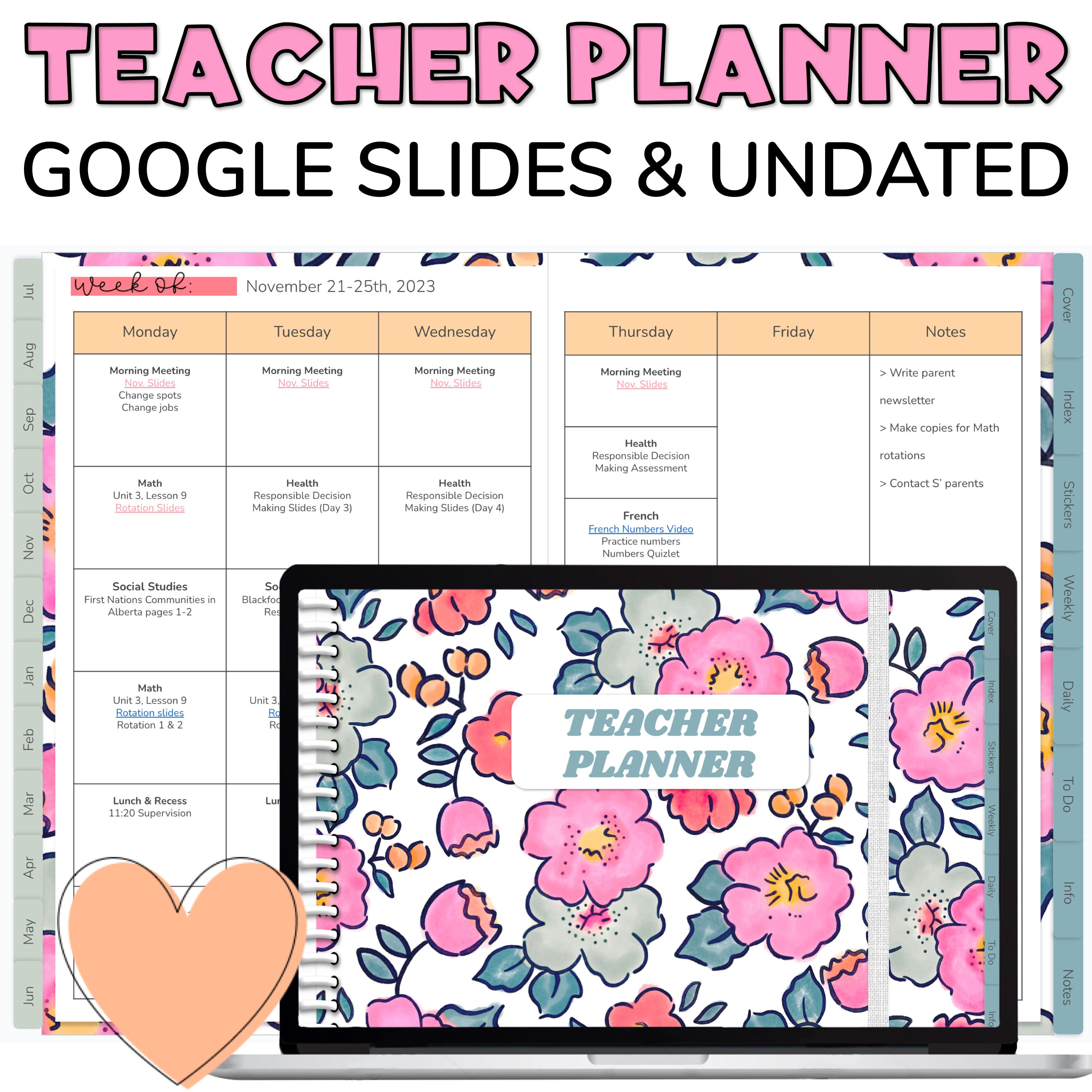 Floral Google Slides Teacher Planner | Undated Digital Teacher Planner ...