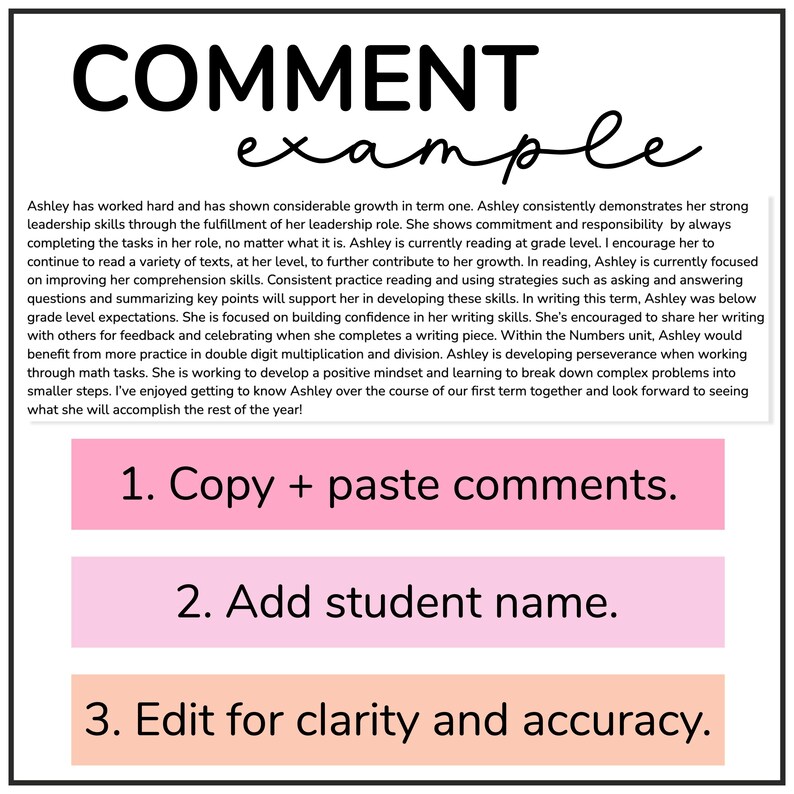 300+ Grade 2-3 Report Card Comment Bank Editable in Google Docs - Beg ...