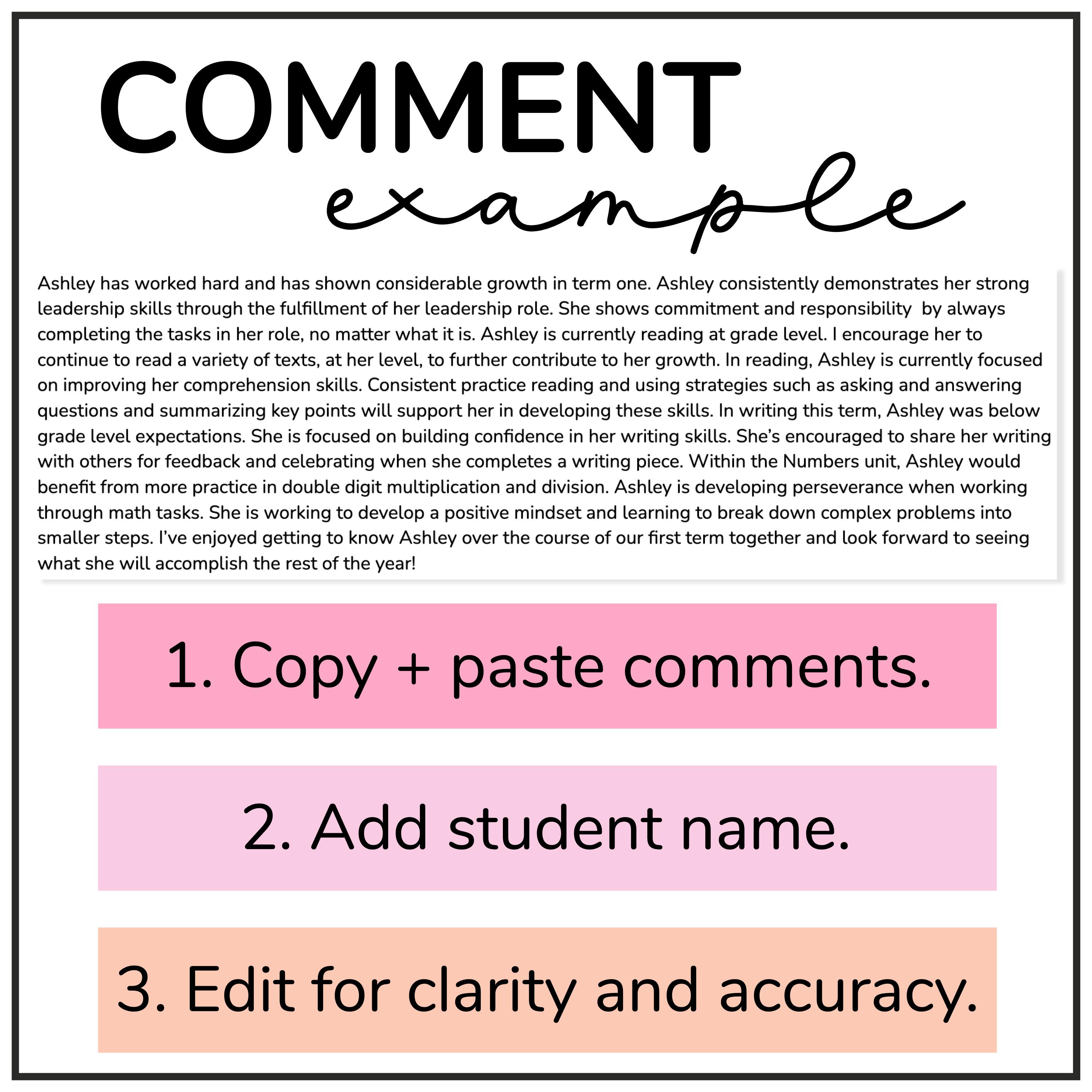 300+ Grade 2-3 Report Card Comment Bank Editable in Google Docs - Beg ...