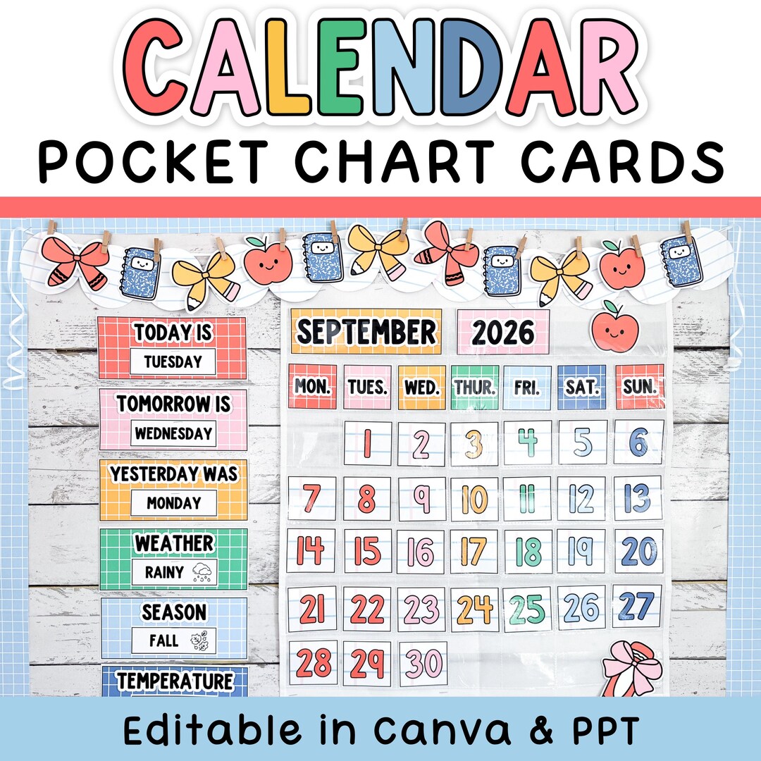 Bright Classroom Calendar Pocket Chart - Printable Calendar Numbers and ...