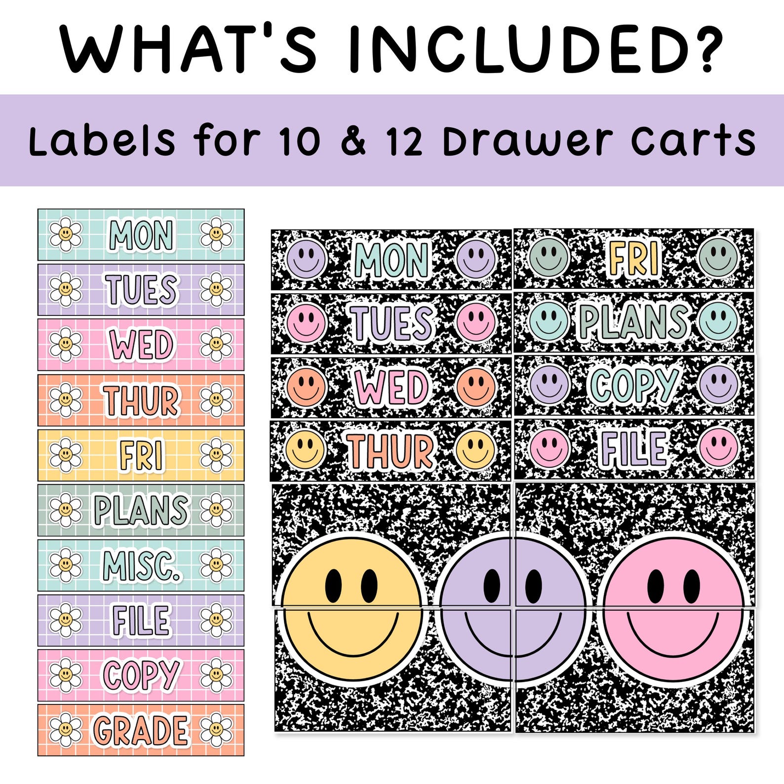 Composition Notebook Decor 10 & 12 Drawer Rolling Cart Labels ...