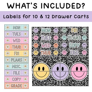 Composition Notebook Decor 10 & 12 Drawer Rolling Cart Labels ...