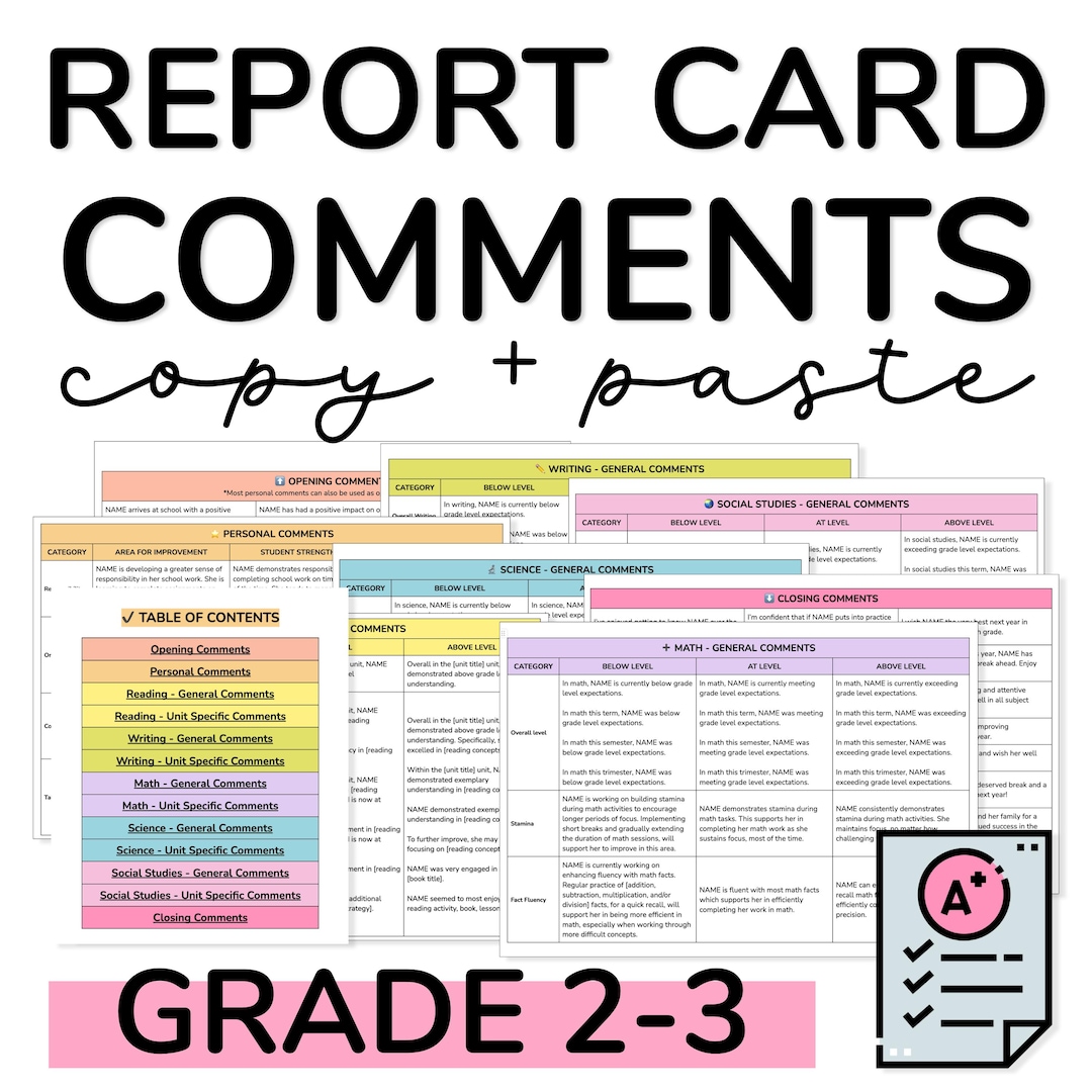 300+ Grade 2-3 Report Card Comment Bank Editable in Google Docs - Beg ...