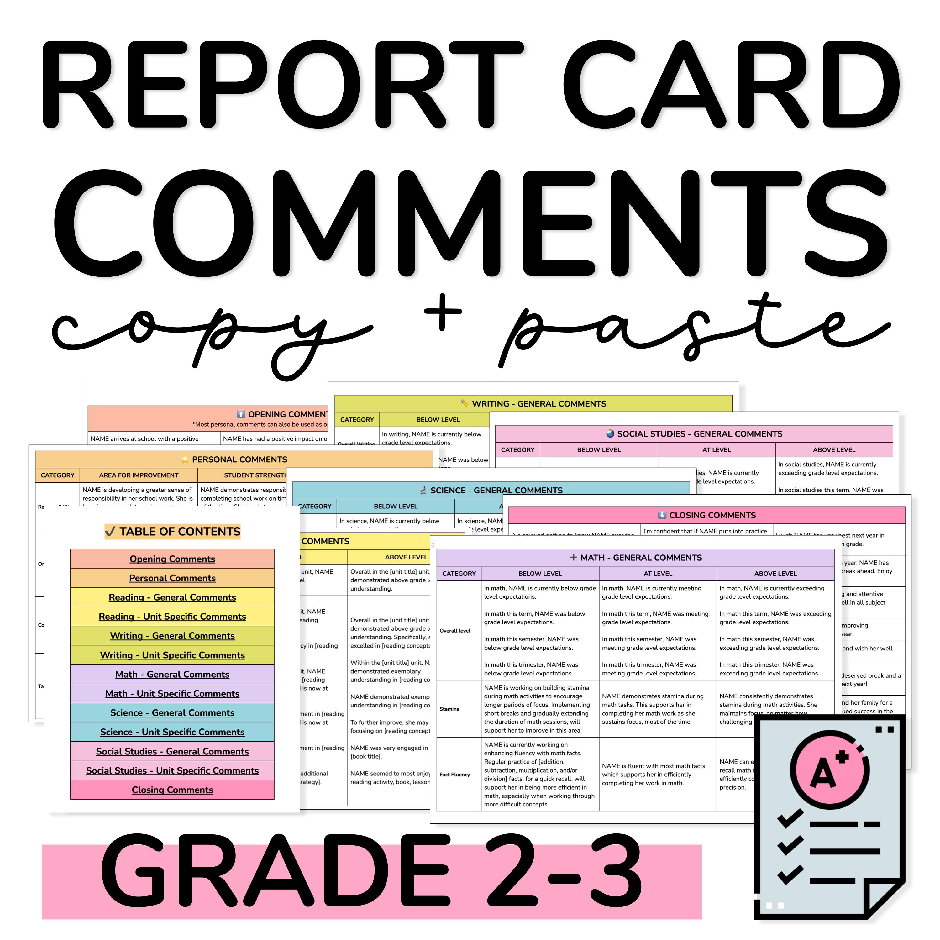 300+ Grade 2-3 Report Card Comment Bank Editable in Google Docs - Beg ...